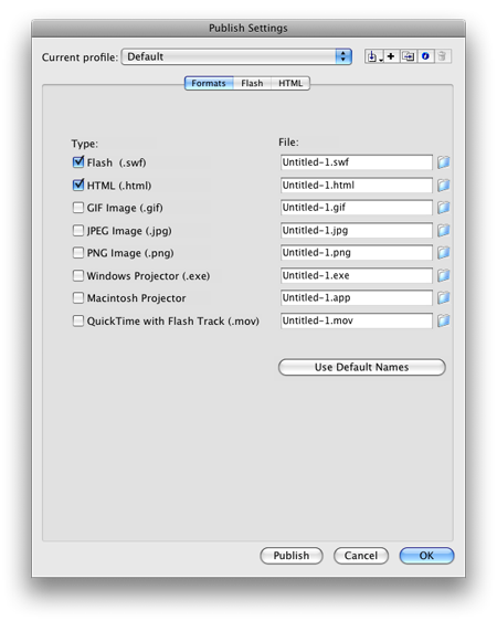 Flash export window showing formats.